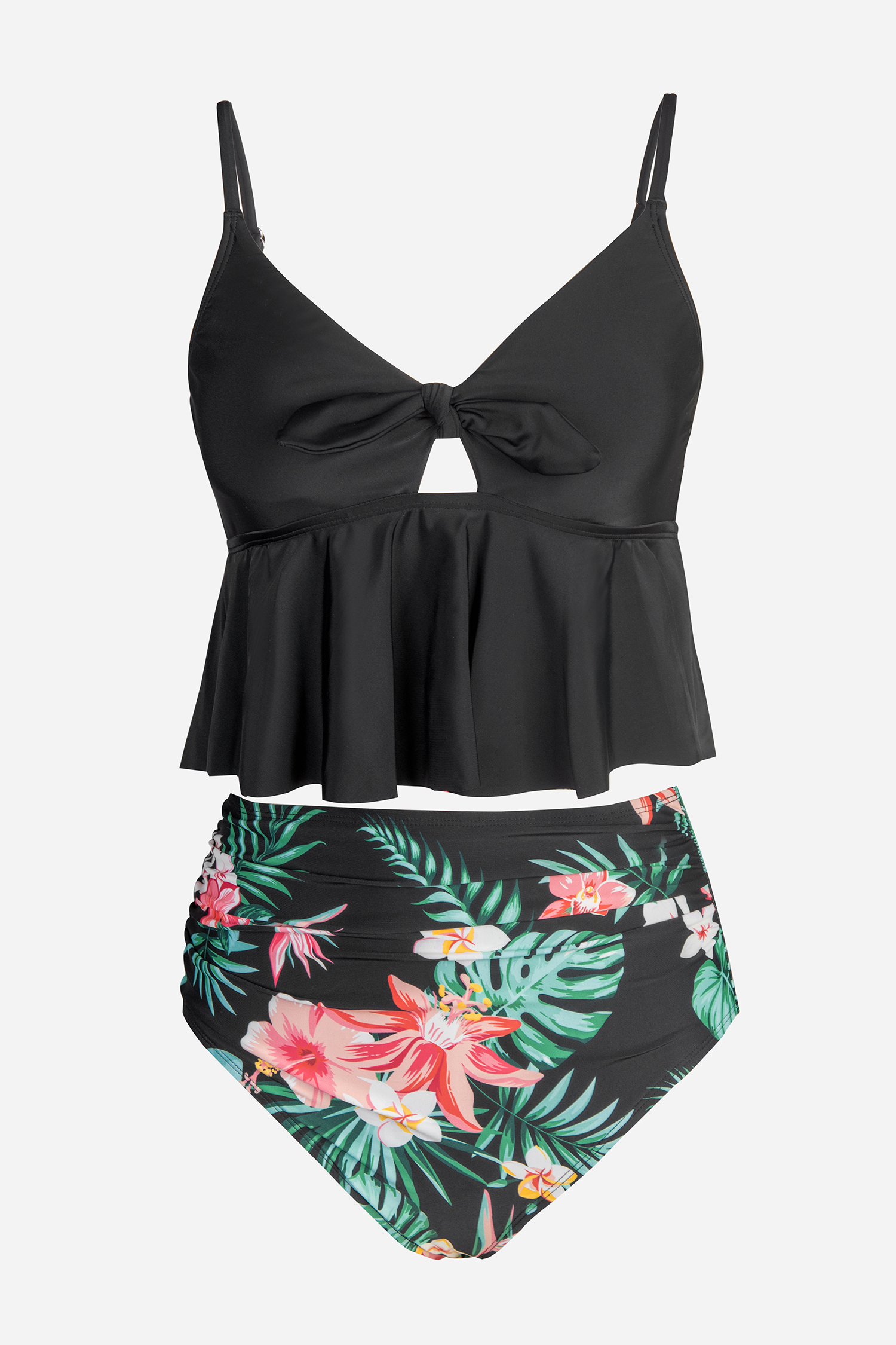 Black Bunny Tie Ruffle Tankini & Starry Daisy Shirred High Waist Set