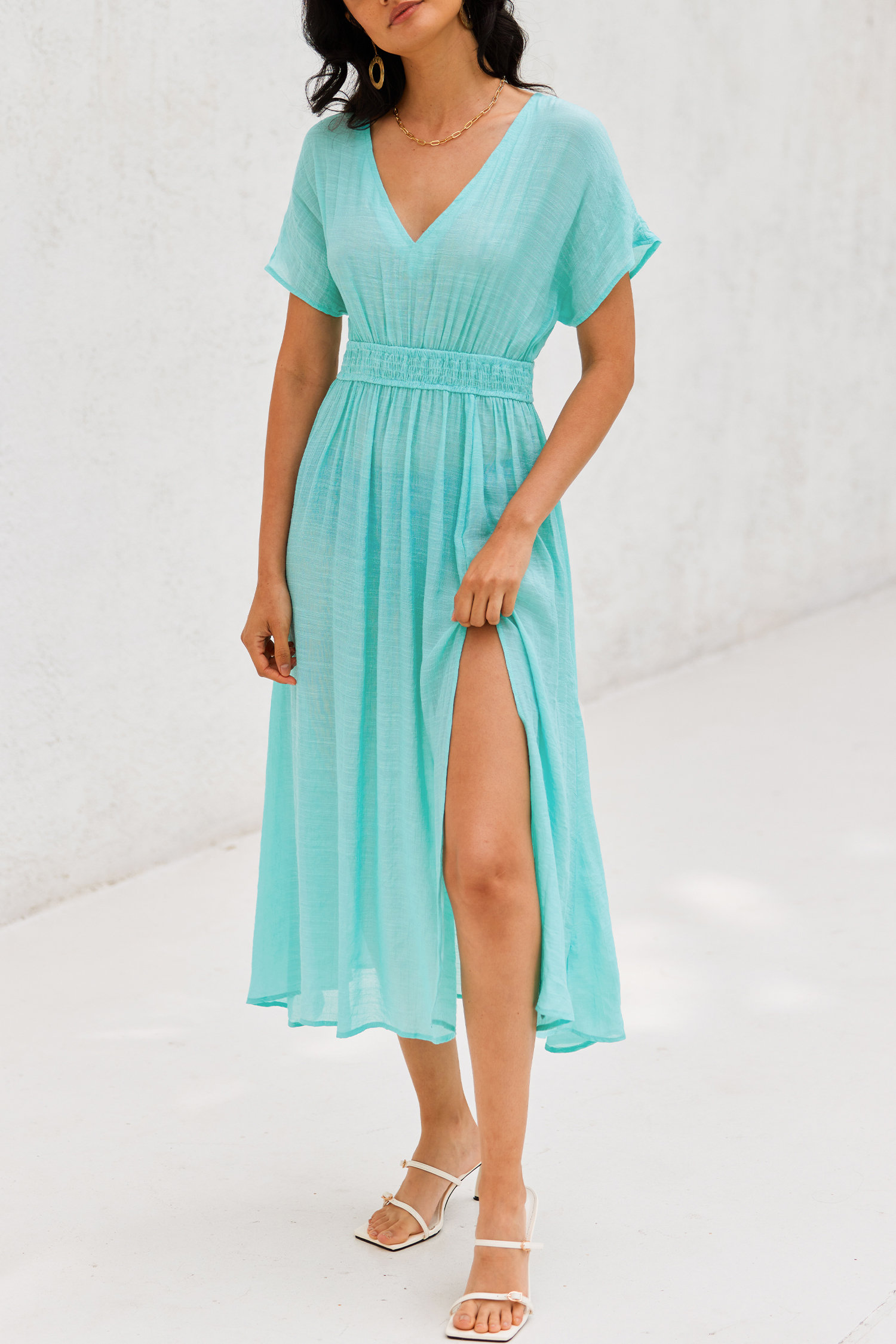 Seafoam Plunging Smocked Cover Up Maxi Dress