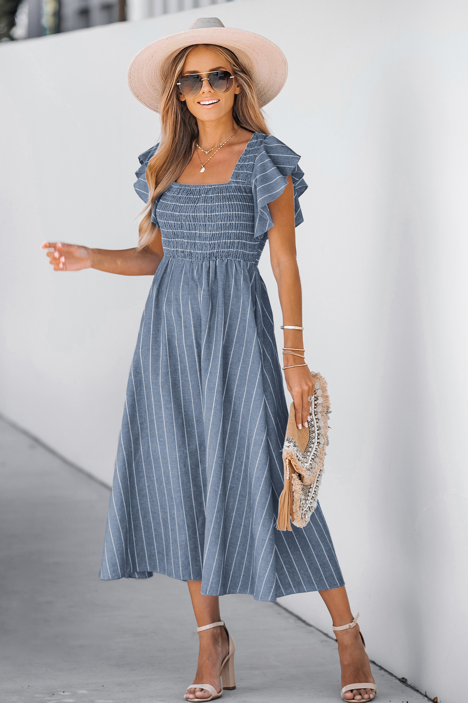 Striped Smocked Ruffle Sleeve Dress