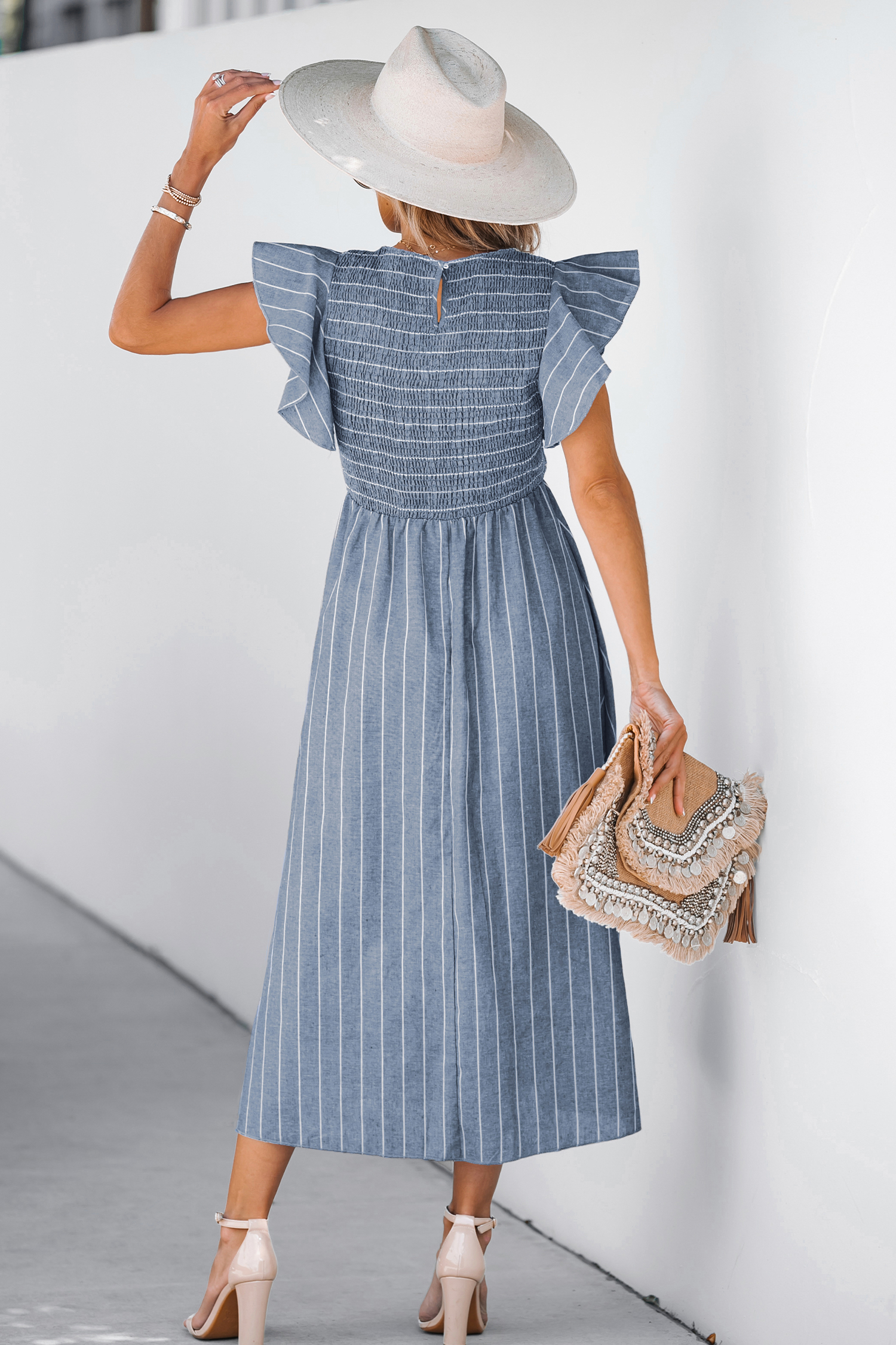 Striped Smocked Ruffle Sleeve Dress