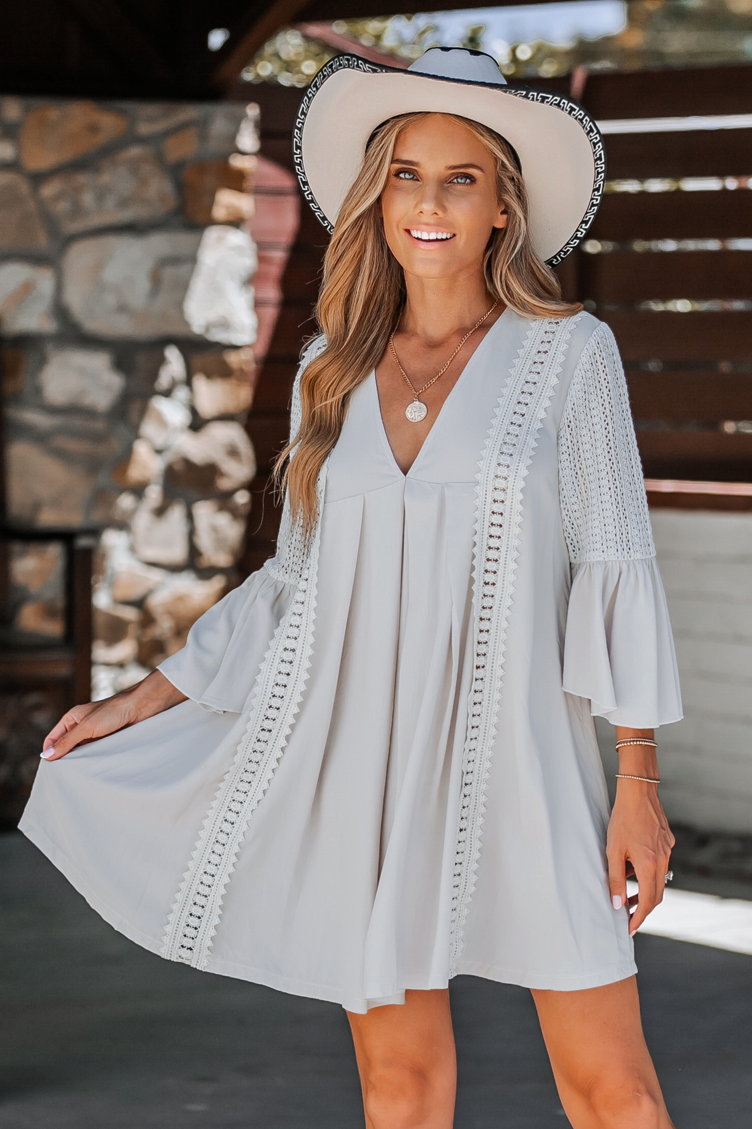 Lace V-Neck Flowy Mini Dress