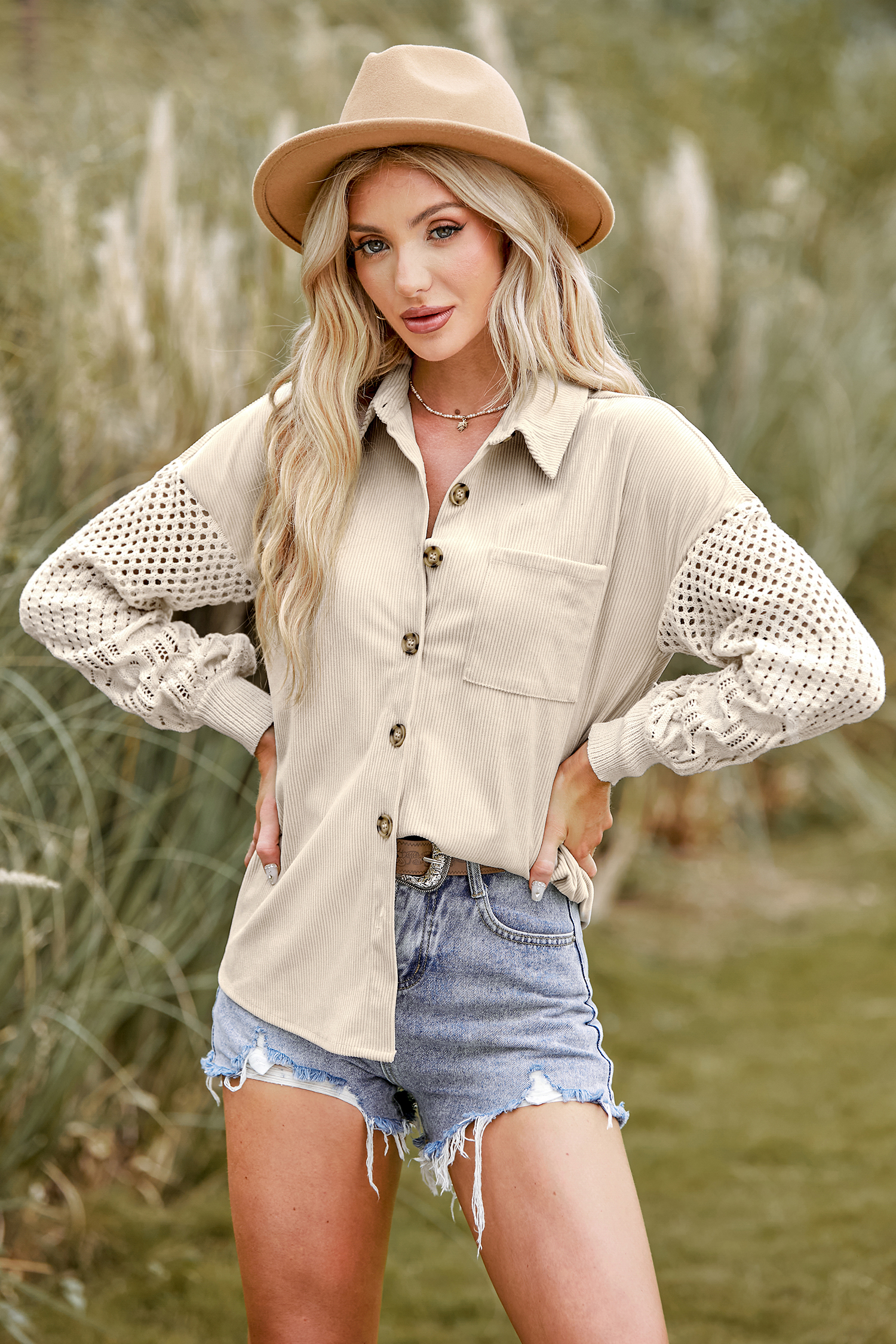 Rib-Knit Cut Out Button Shacket