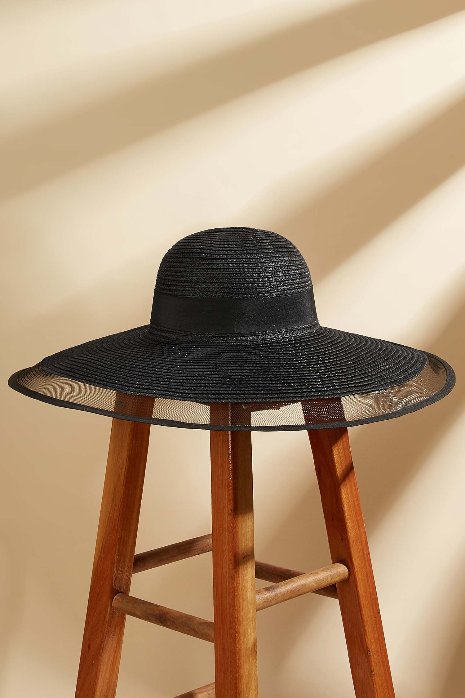 Sheer Trim Black Straw Floppy Hat