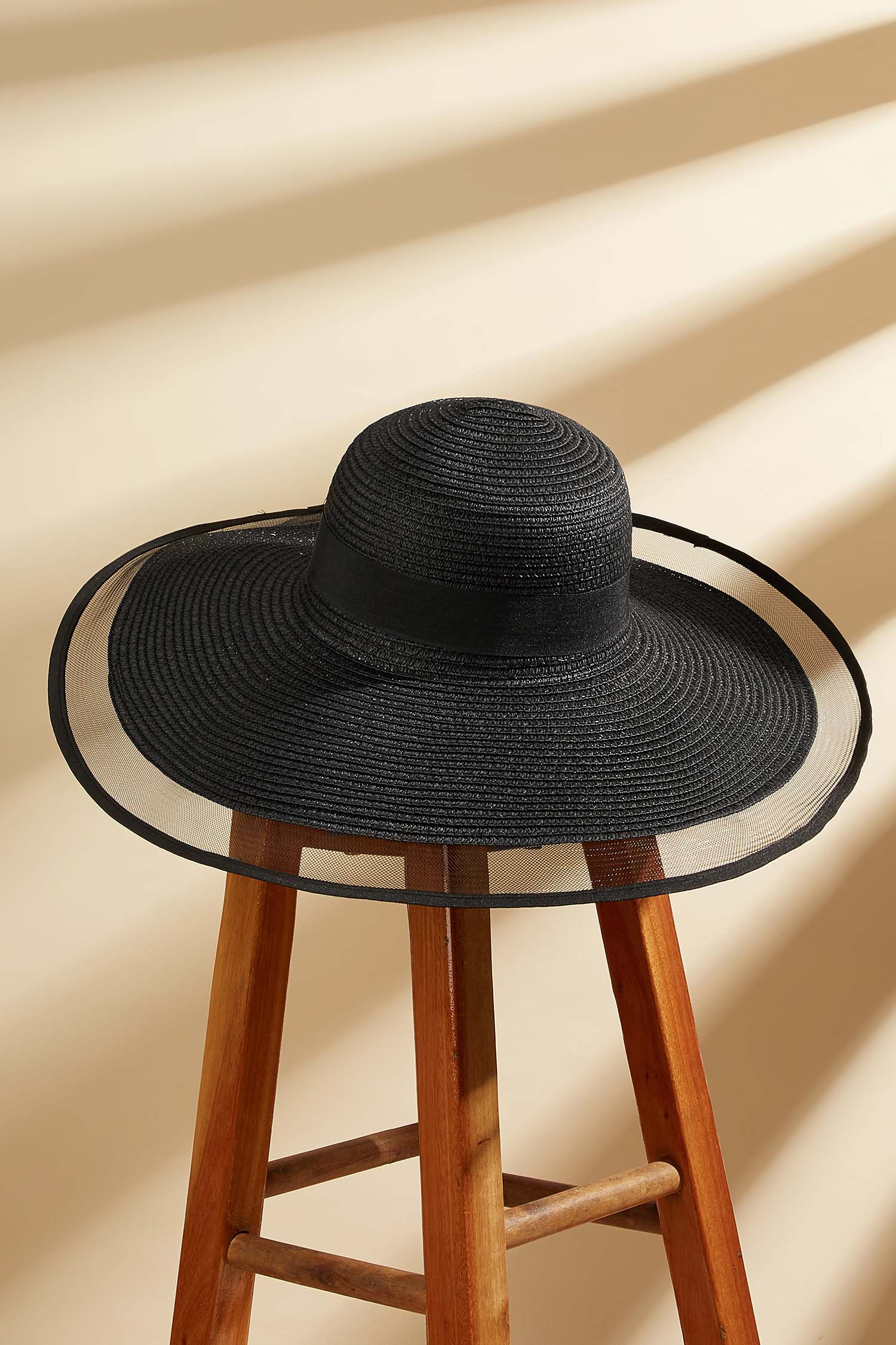 Sheer Trim Black Straw Floppy Hat