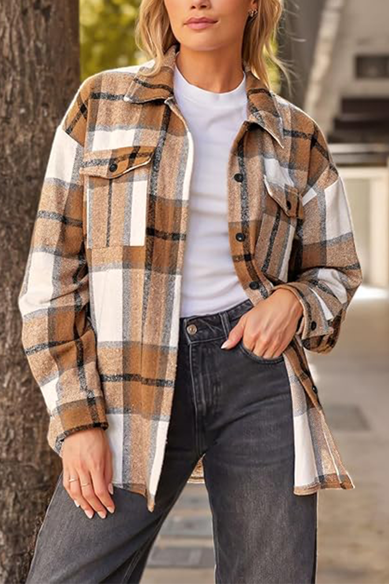 Button-Front Plaid Pocket Shacket- Cupshe AU