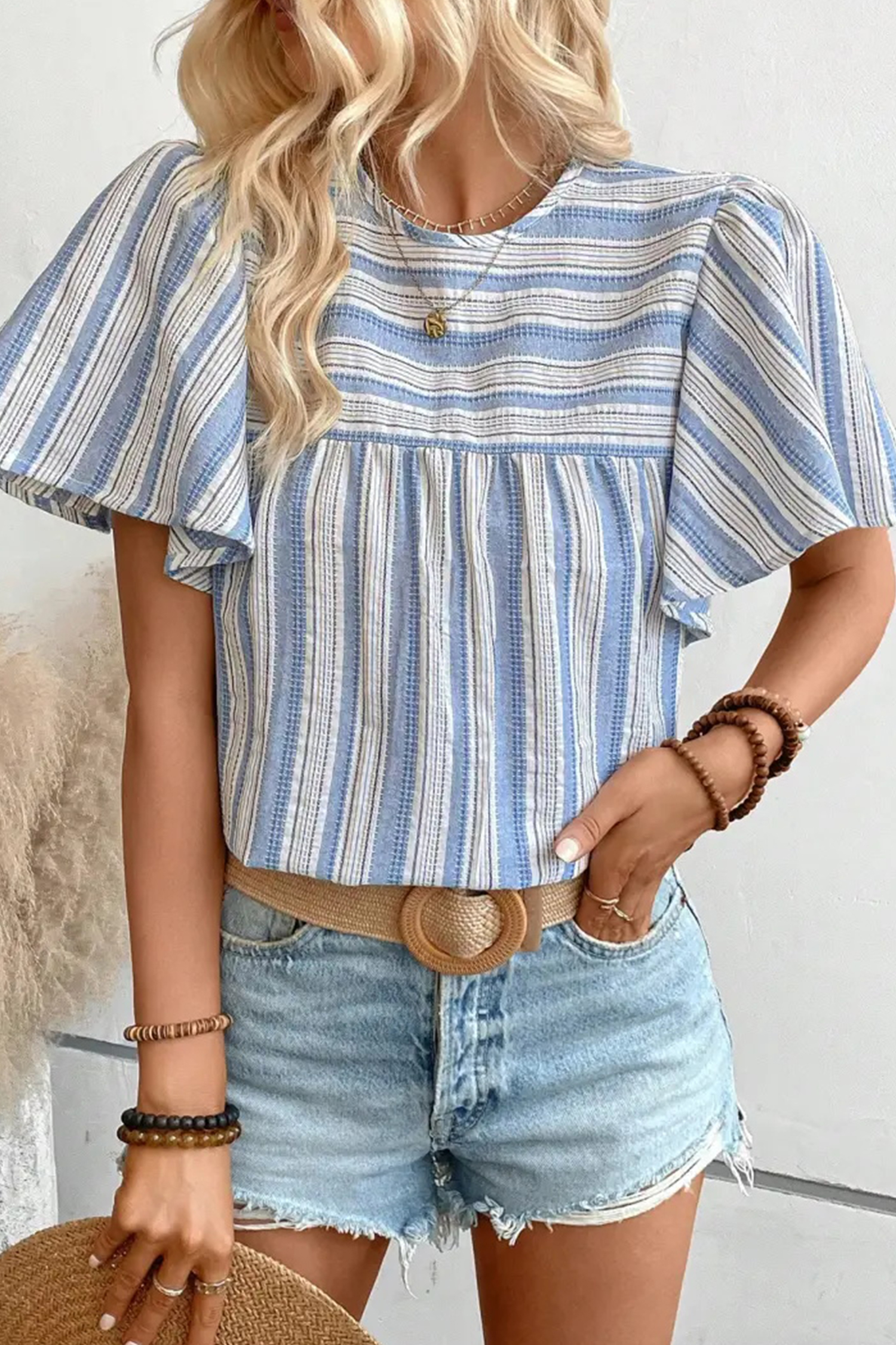 White & Blue Round Neck Flared Sleeve Top