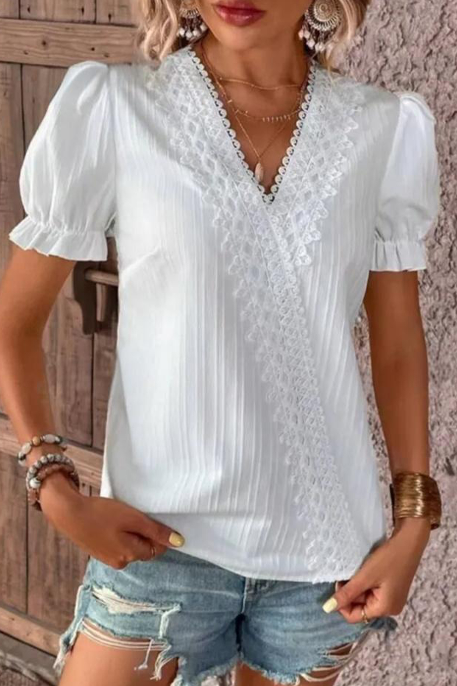 Weißes Spitzen-Top mit V-Ausschnitt und Blasenärmeln-Cupshe Deutschland