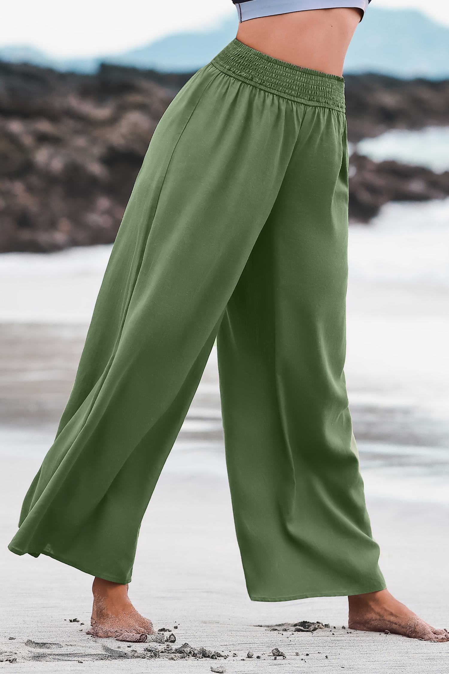 Green Smocked Waist Wide Leg Cover-Up Pants