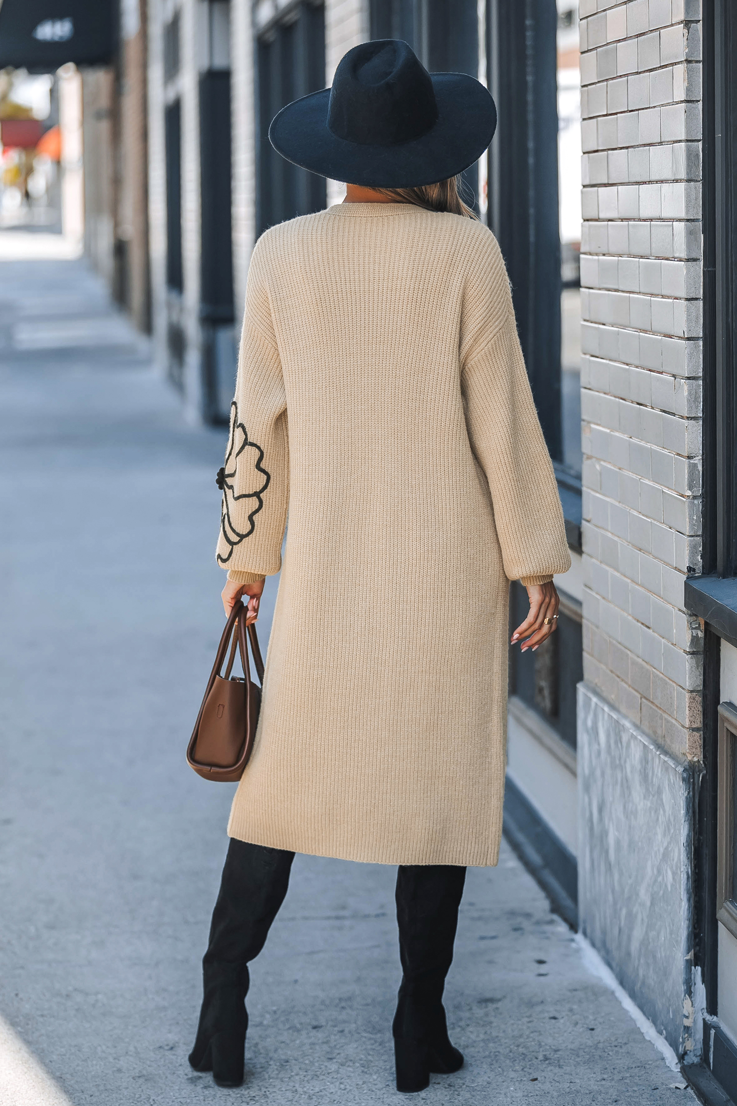 Brown Open Front Long Sleeve Knit Duster