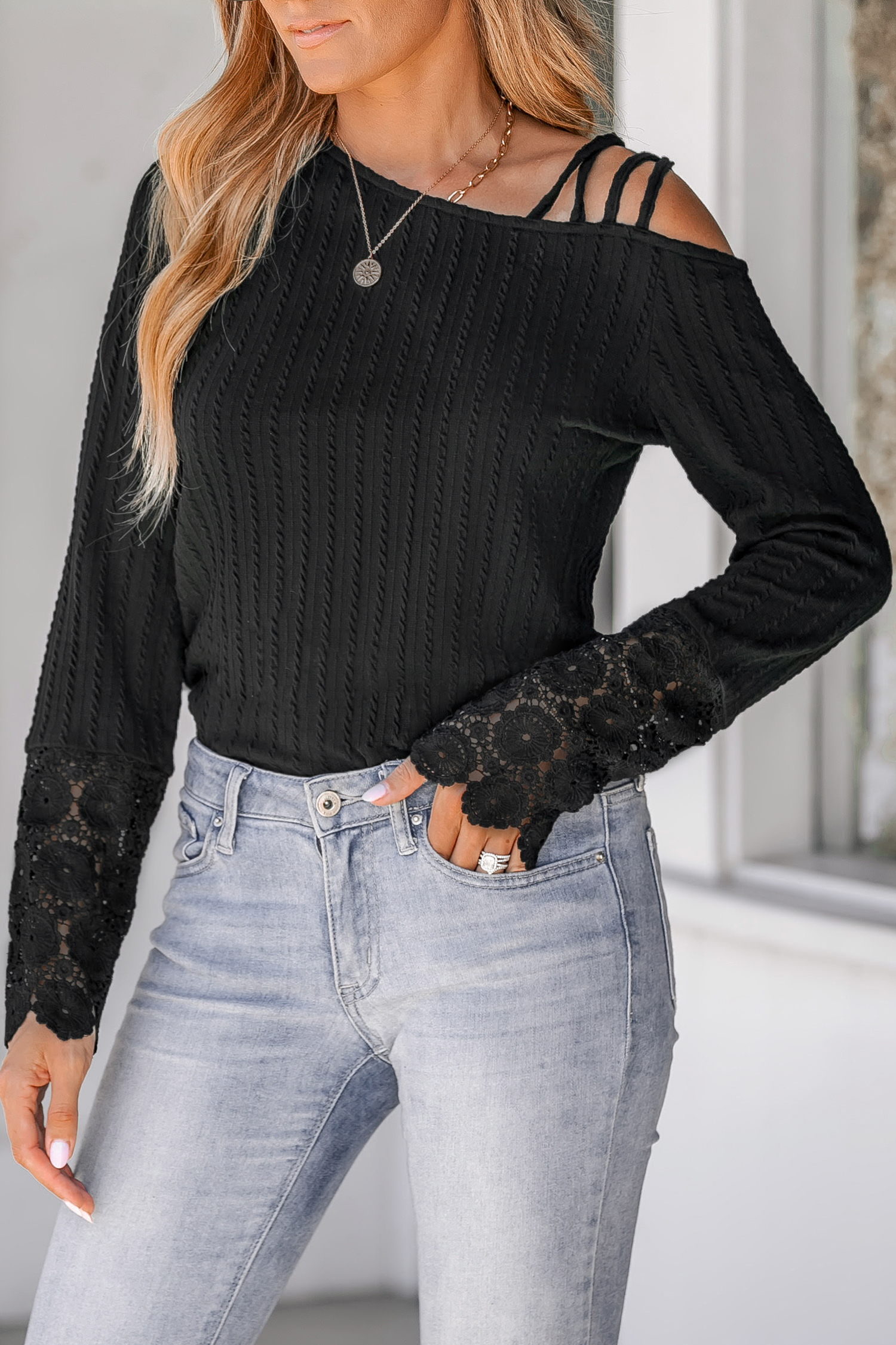 T-shirt à une épaule en dentelle florale-Cupshe France