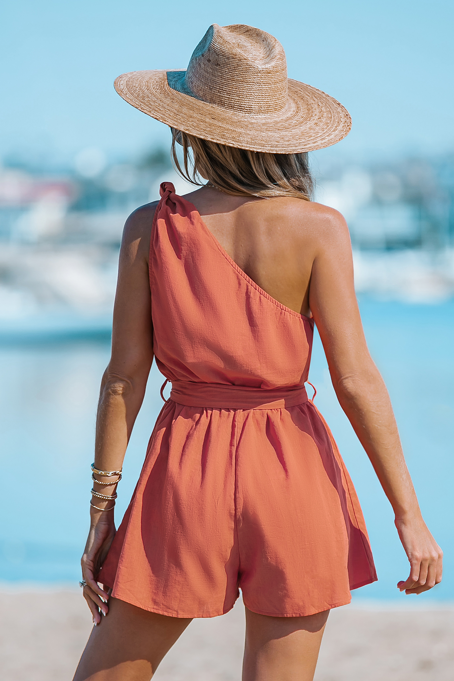 Combishort en pur coton à une épaule et nœud avec ceinture-Cupshe France