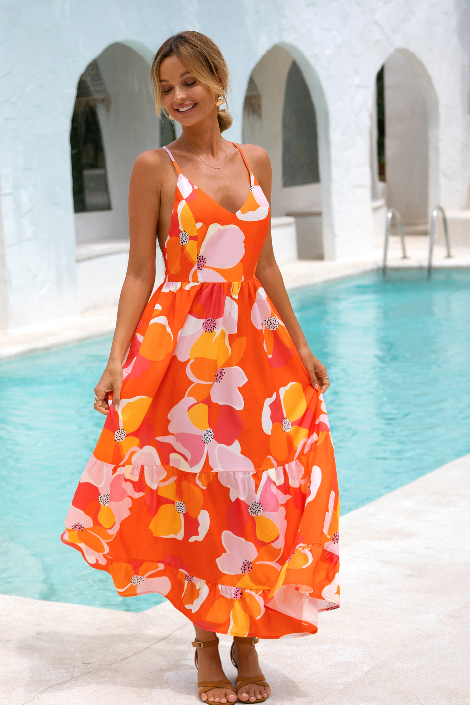 Floral Print V-Neck Flounce Dress