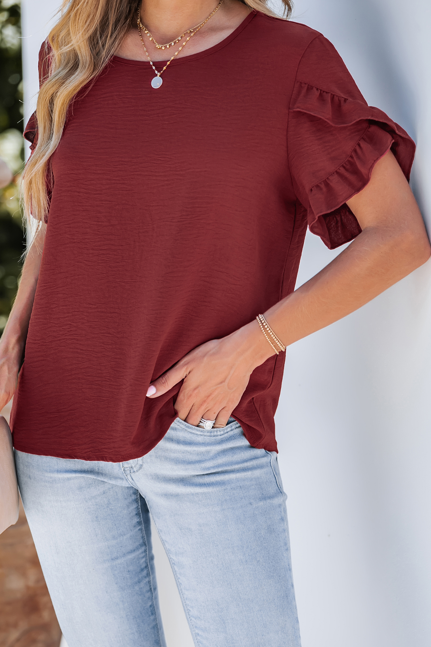 Maroon Ruffled Short Sleeve Top