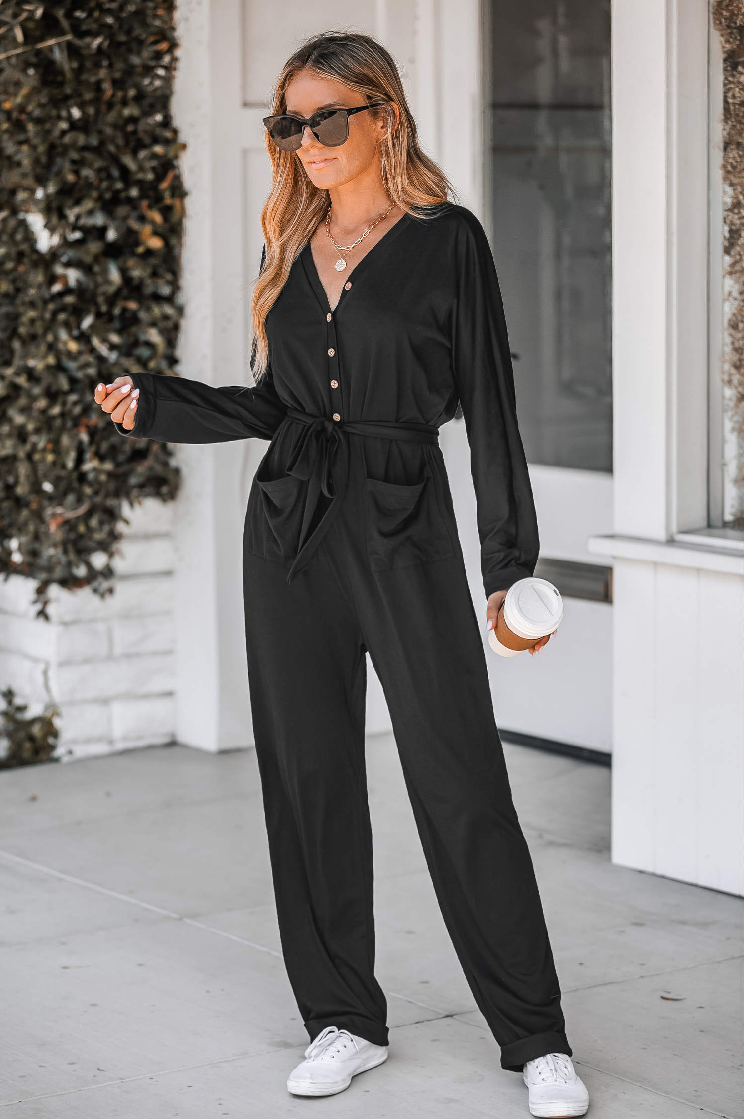 Onyx V-Neck Button-Front Jumpsuit