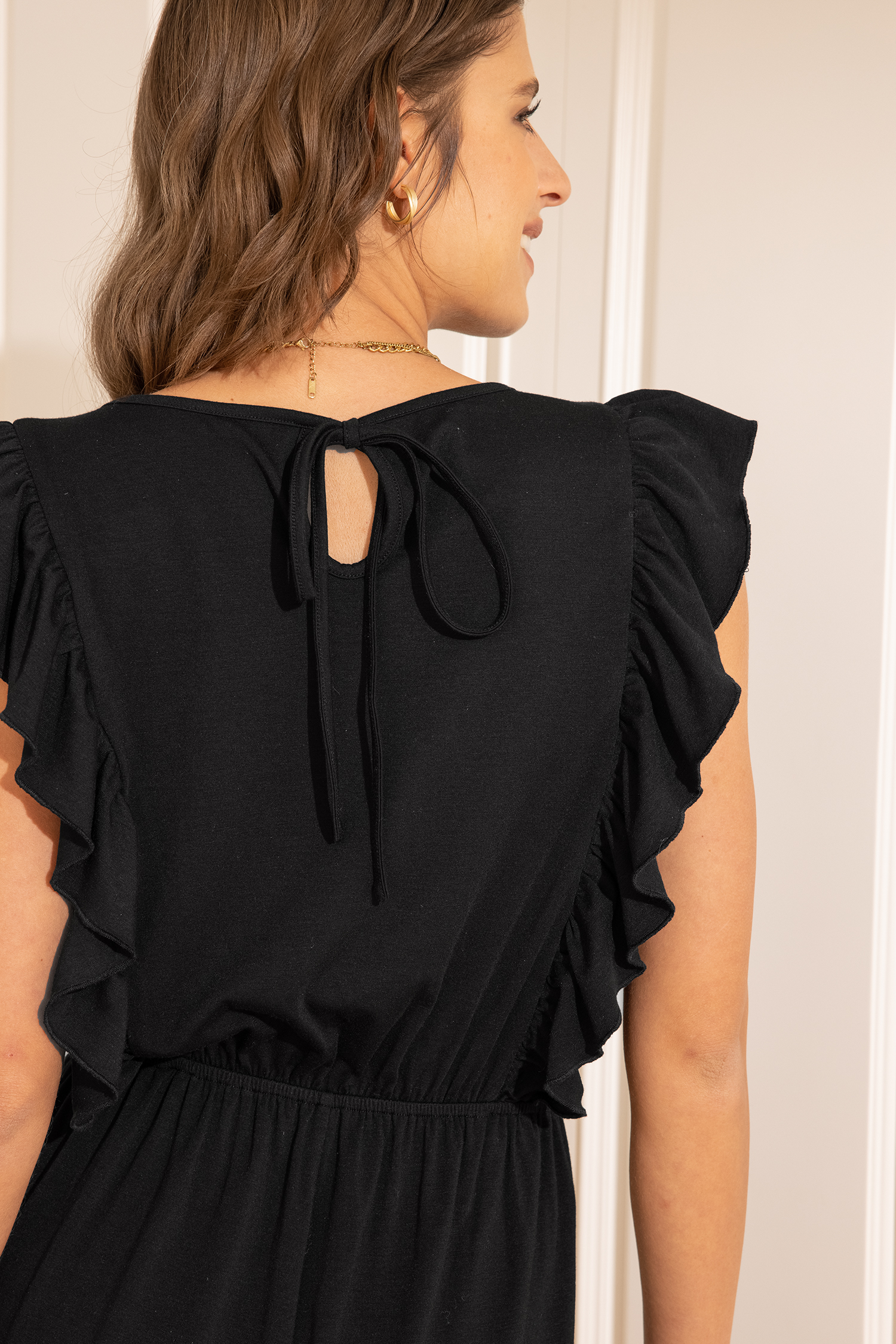 Black V-Neck Ruffled Jersey Romper