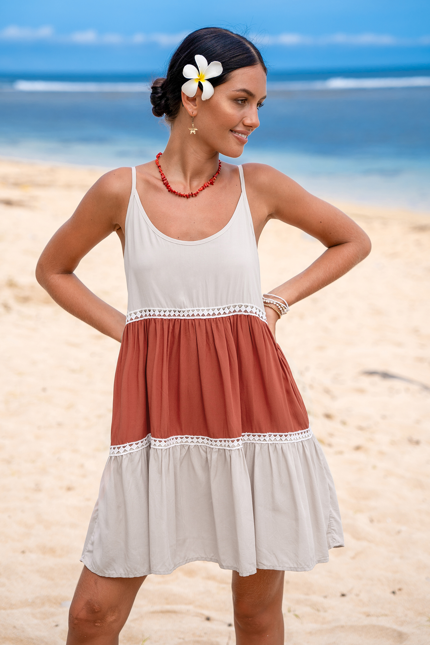 Beige-and-Red Sleeveless Colorblock Cutout Mini Dress