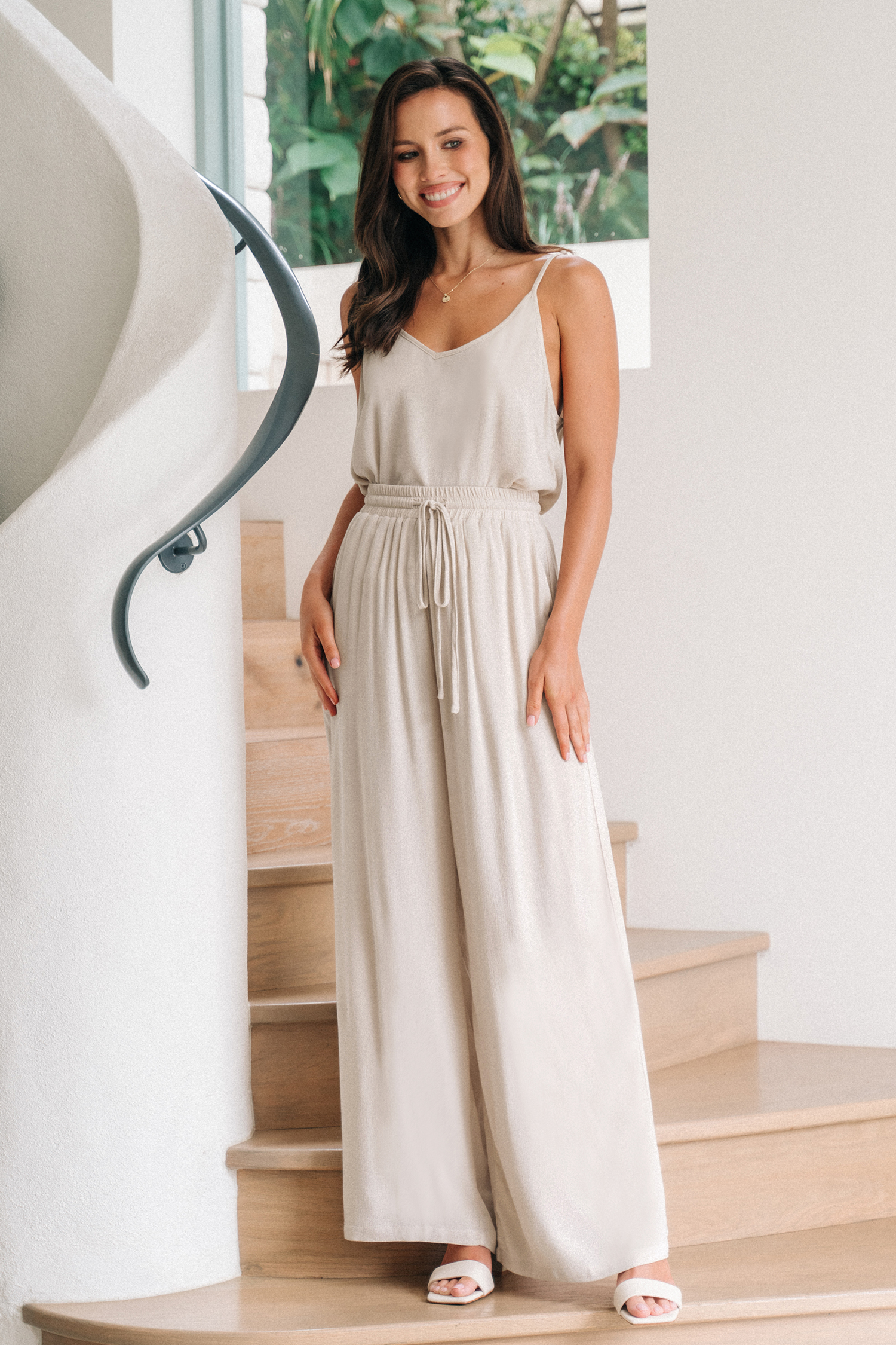 Beige V-Neck Cami & Matching Pants Set