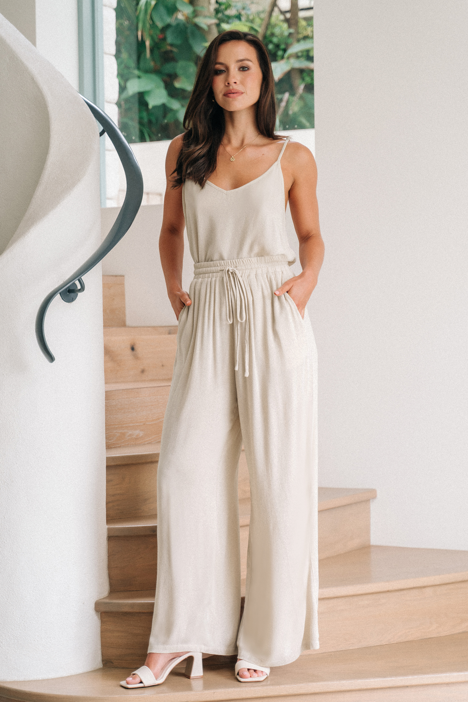 Beige V-Neck Cami & Matching Pants Set