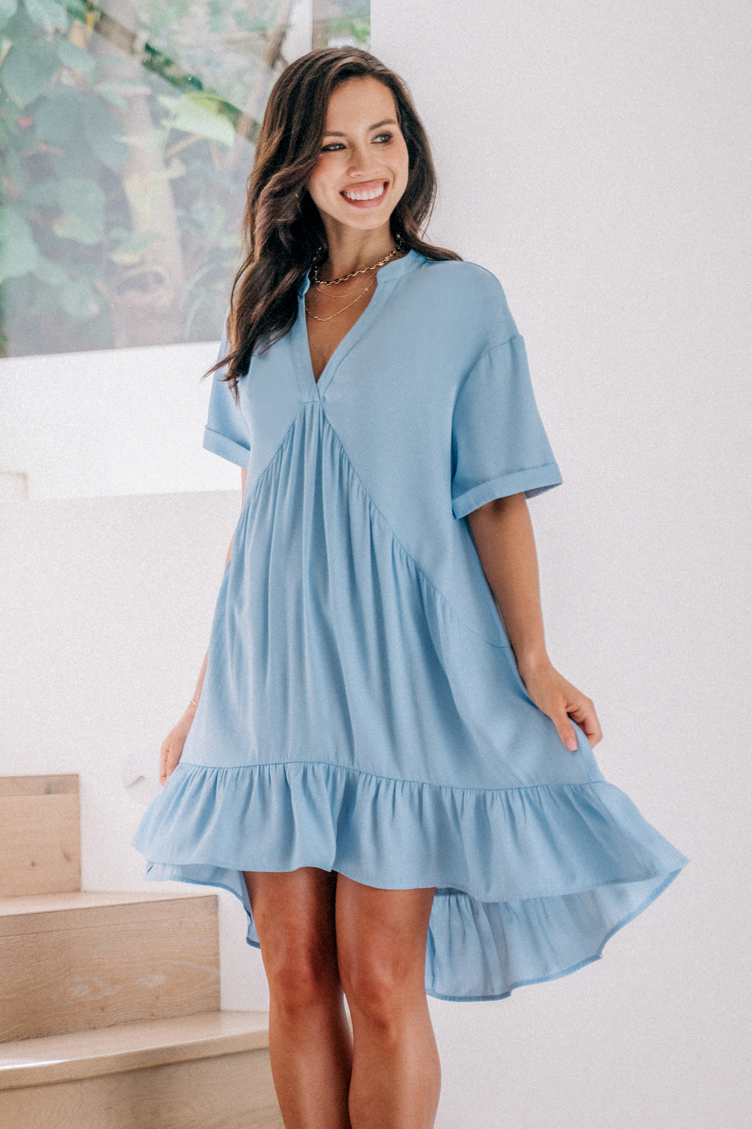 Light Blue Drop Shoulder Flounce Hem Mini Dress