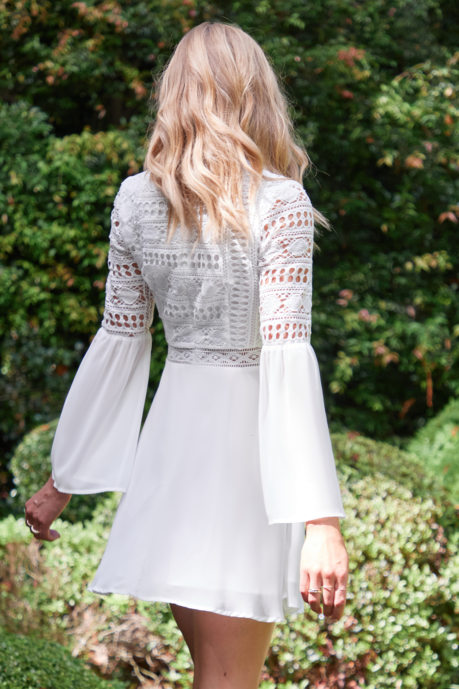 White Bell Sleeve V-Neck Mini Dress