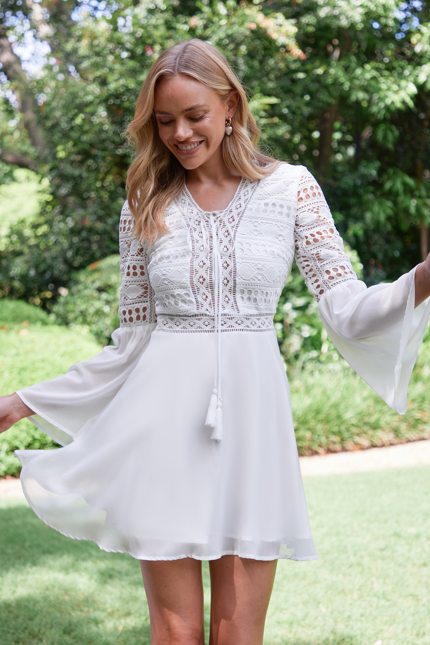 White Bell Sleeve V-Neck Mini Dress