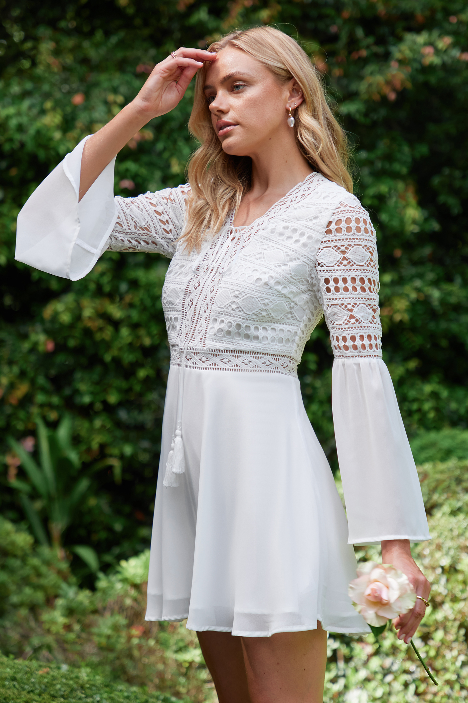 White Bell Sleeve V-Neck Mini Dress