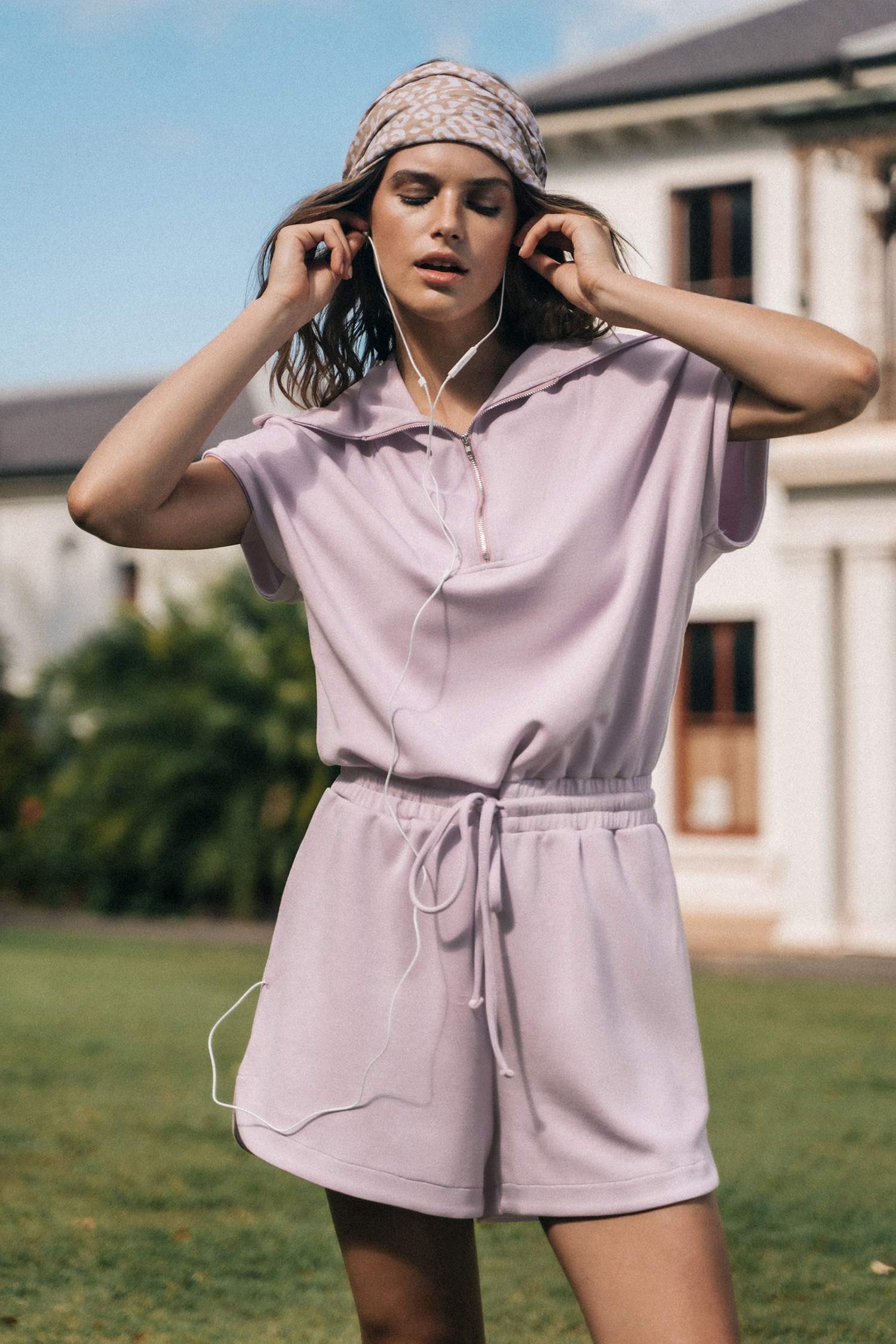 Lavender Collared Front Zipper Romper