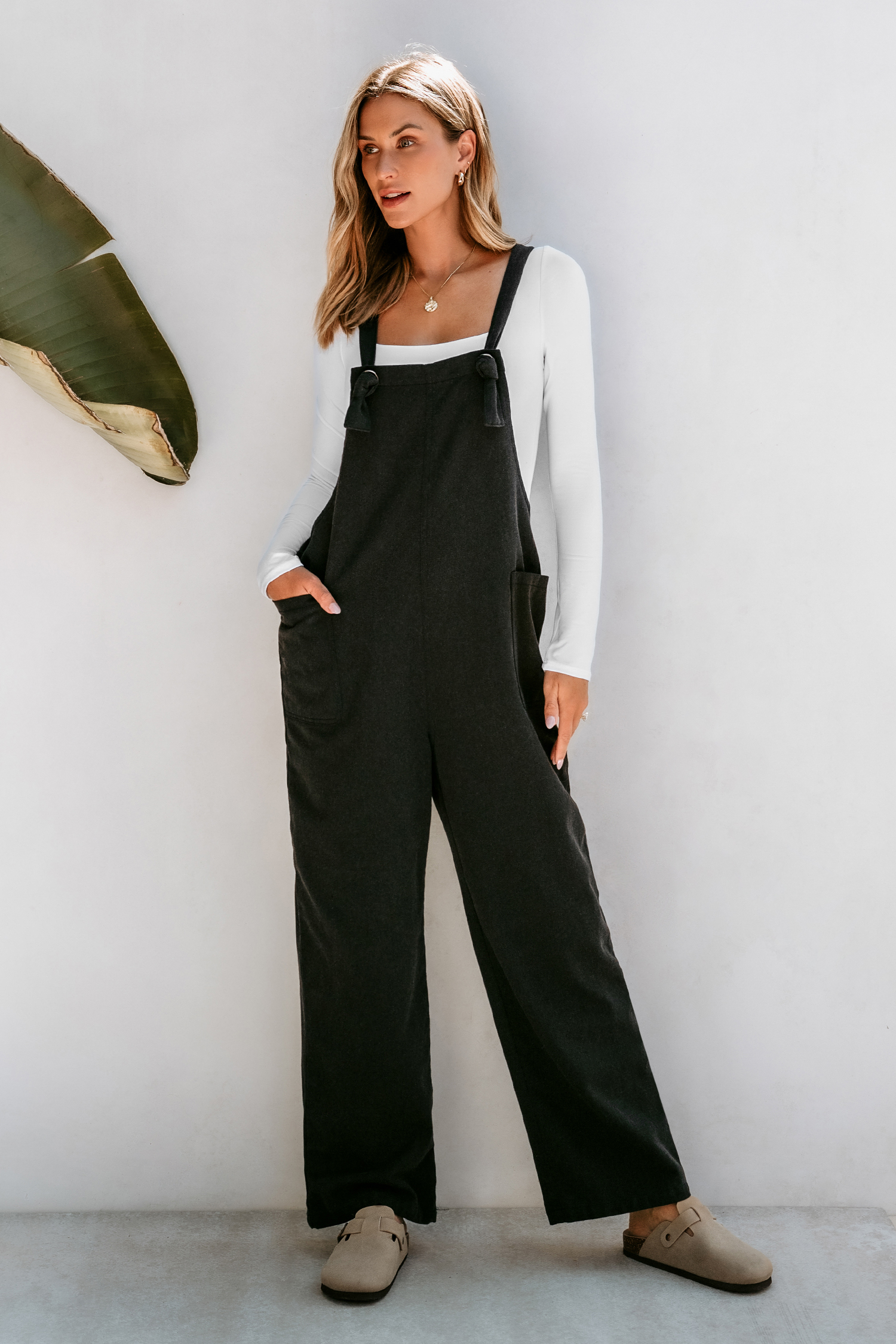 Charcoal Square Neck Knotted Strap Flared Leg Overalls