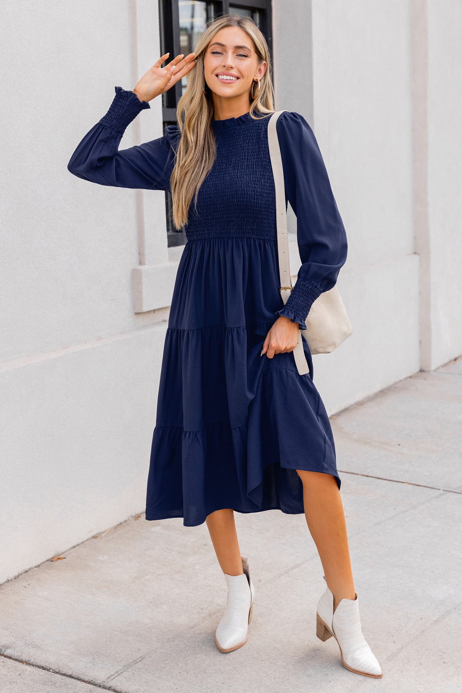 Blue High Neck Long Sleeve Smocked Midi Dress