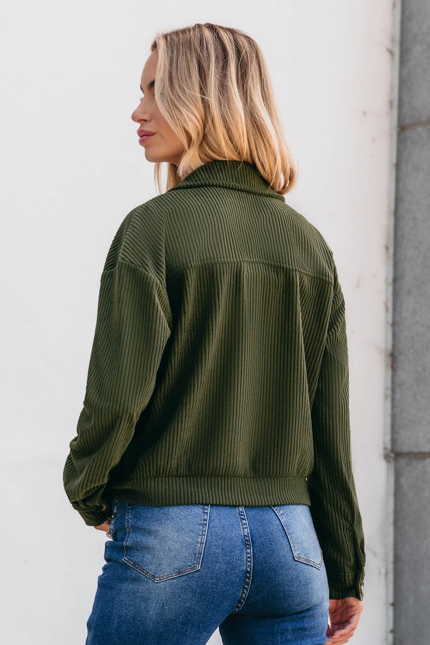 Green Corduroy Collared Long Sleeve Jacket