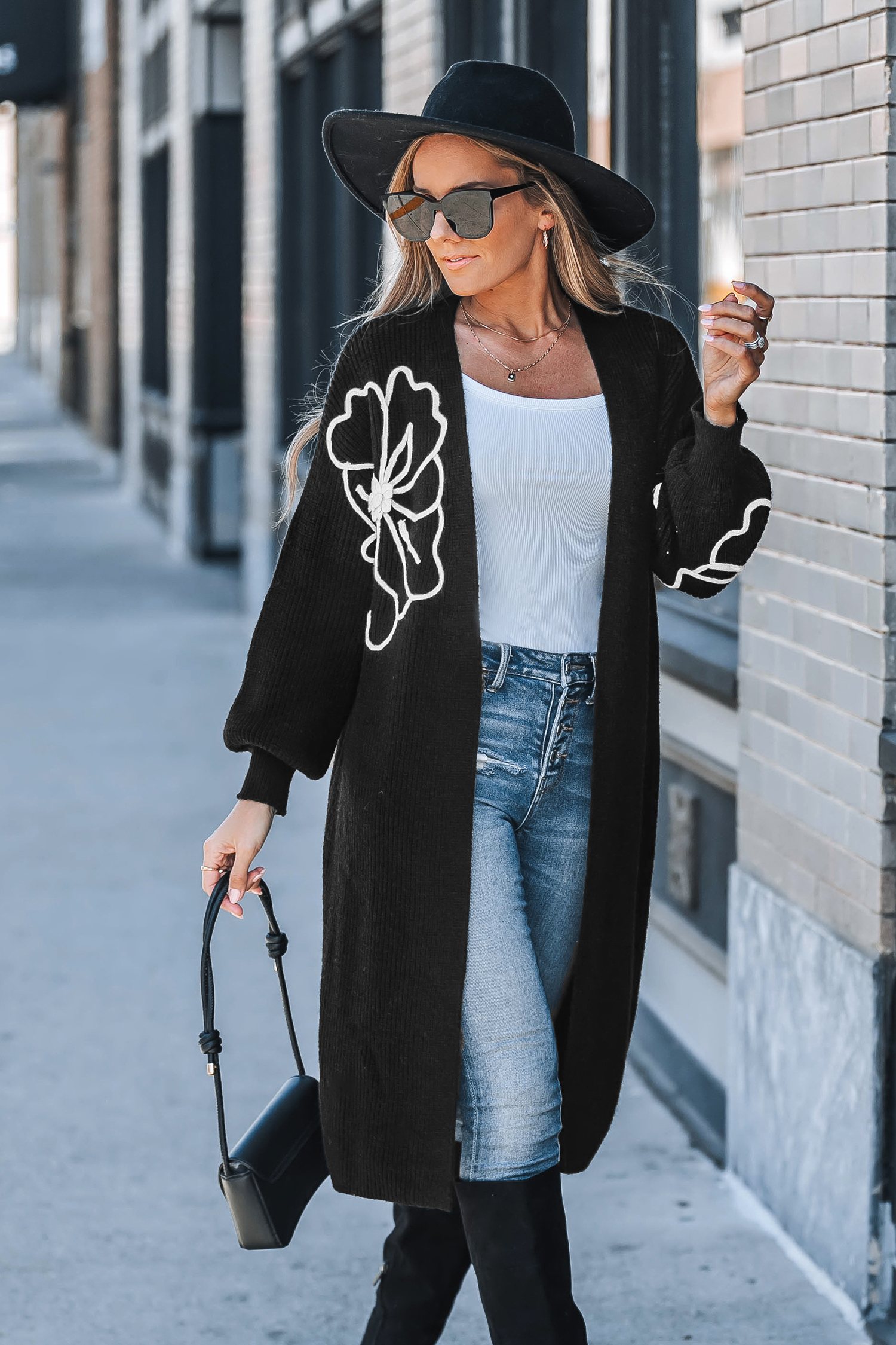 Black Floral Open Front Knit Duster